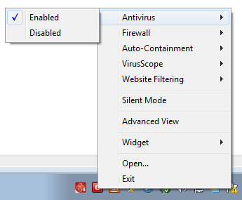 Comodo Internet Security Enable / Disable AV, Firewall, Auto-Containment, VirusScope, Website Filter
